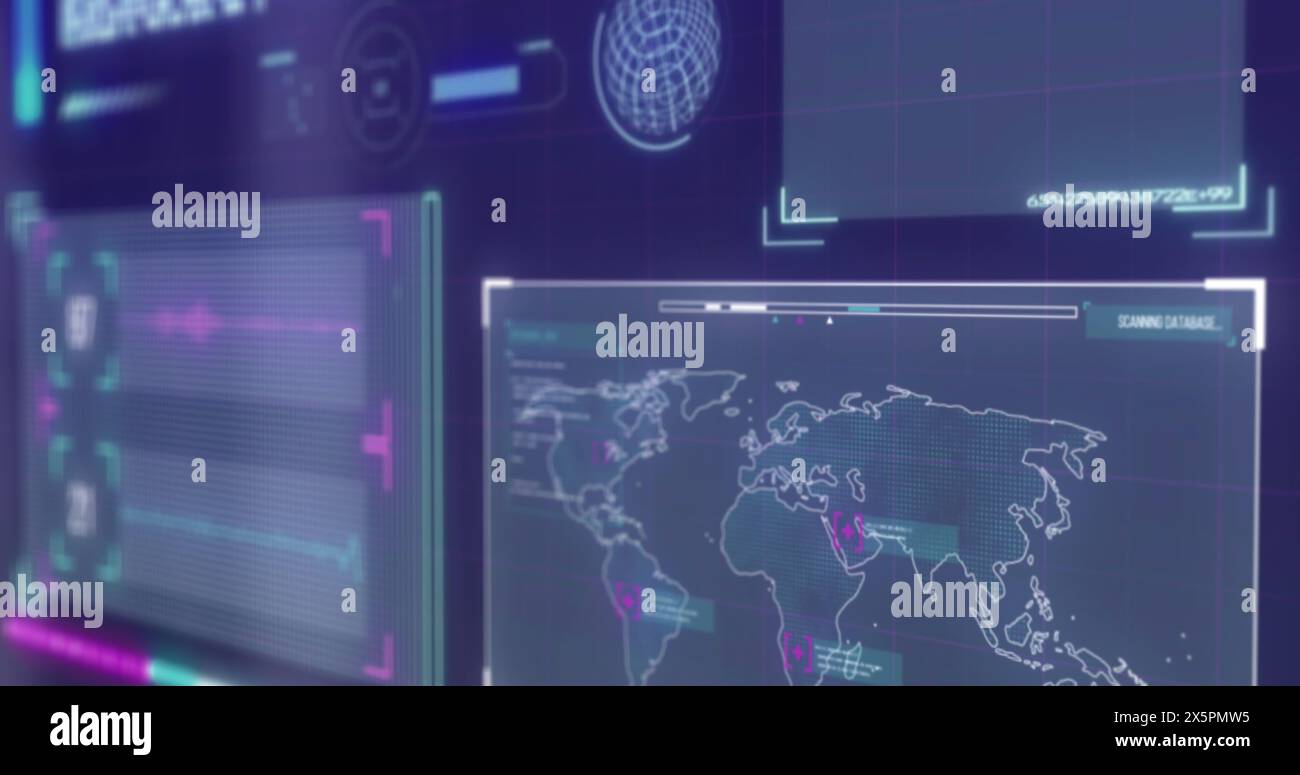 Image of interface with world map and data processing against blue ...