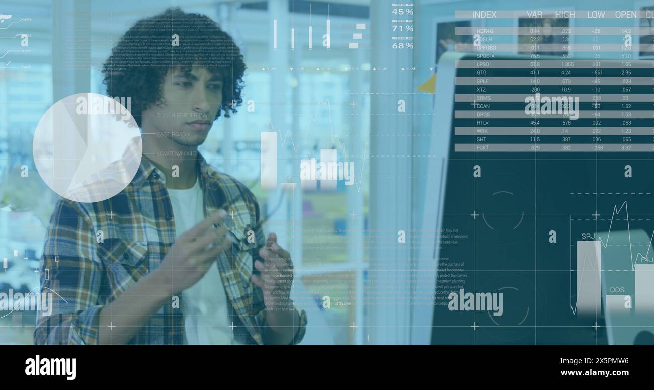 Image Of Statistical Data Processing Against Thoughtful Biracial Man Using Computer At Office