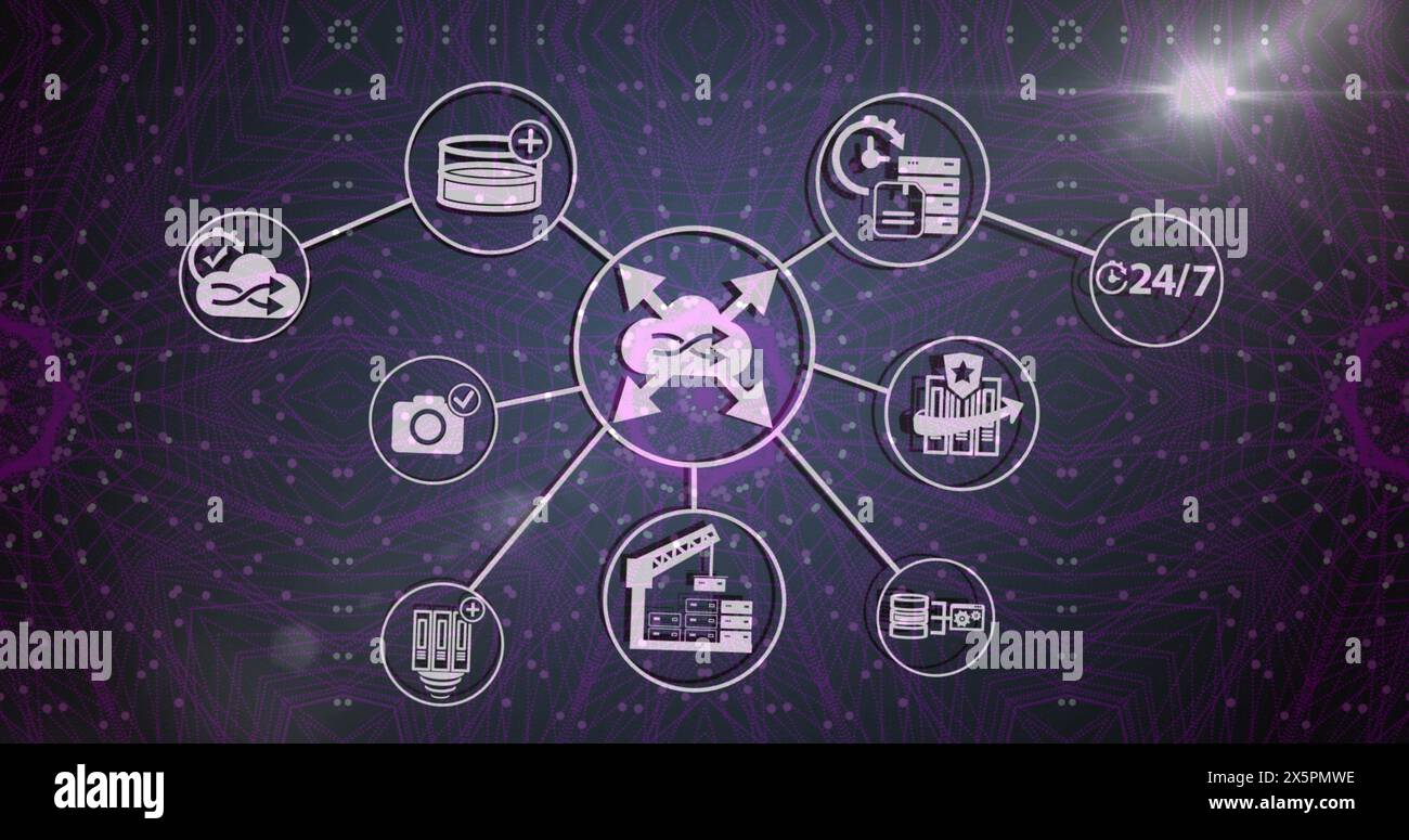 Image of flowchart of icons over dots forming abstract pattern and lens ...