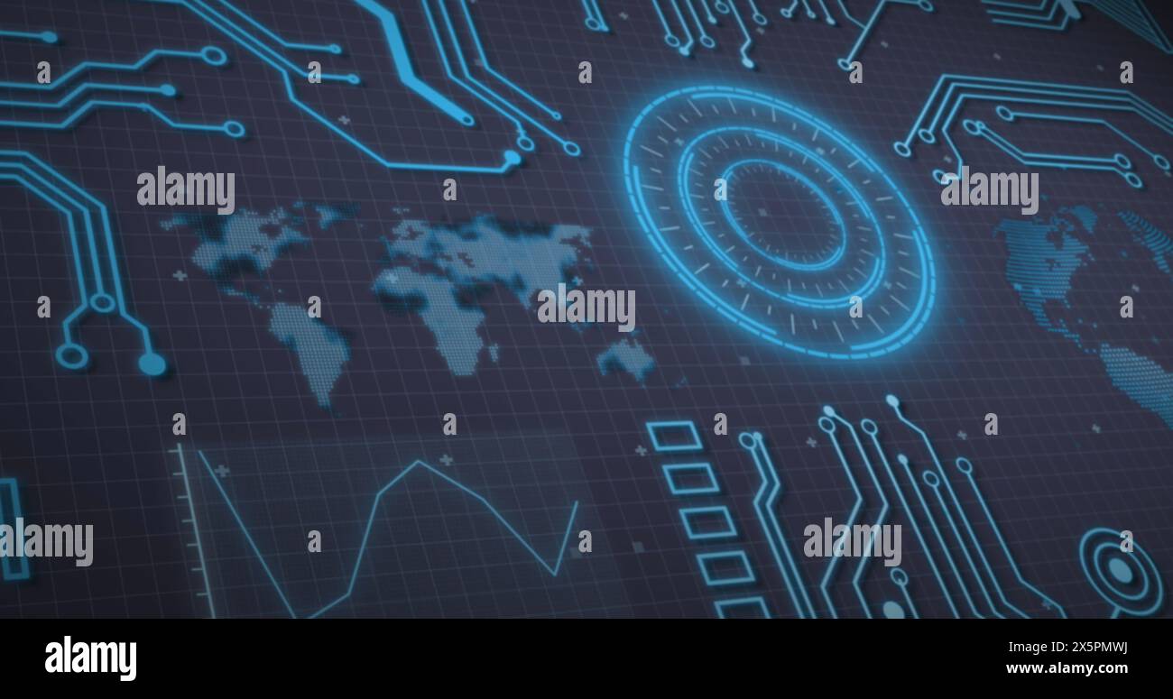 Image of interface with neon round scanner, world map and data processing on grey background ...