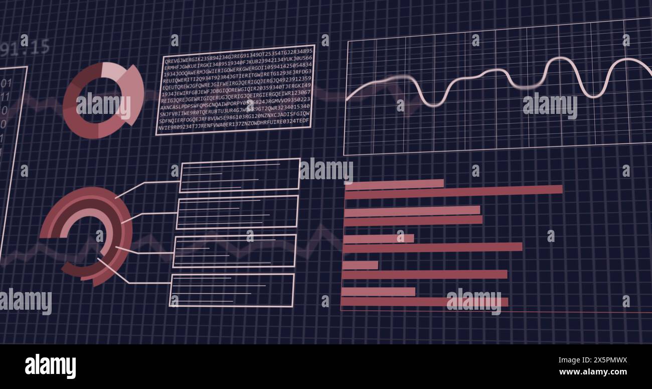 Image of interface with statistical data processing over grid network against black background ...