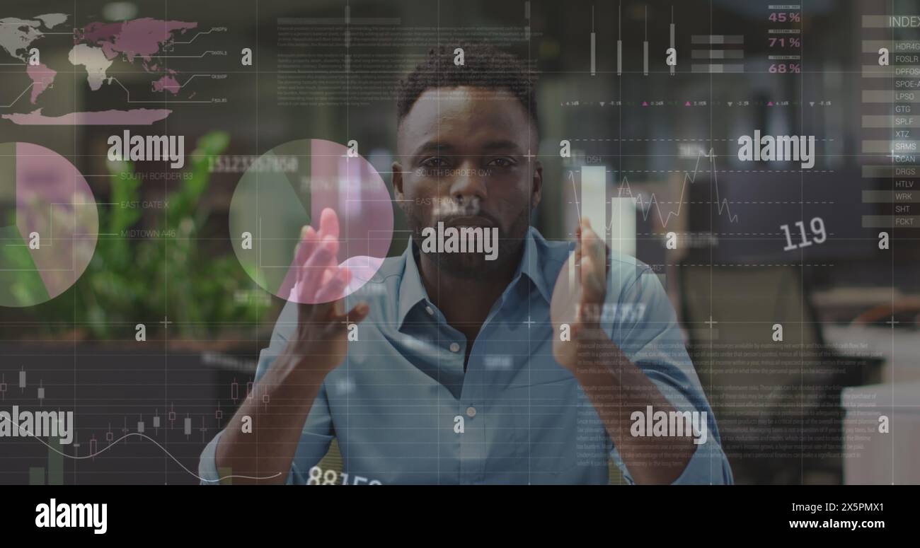 Image of data processing over african american man talking looking at ...