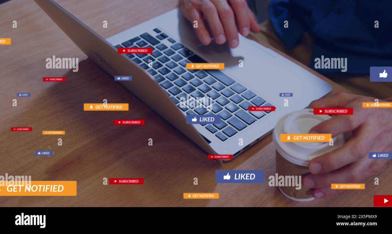 Image of social media icons against mid section of man using laptop at ...