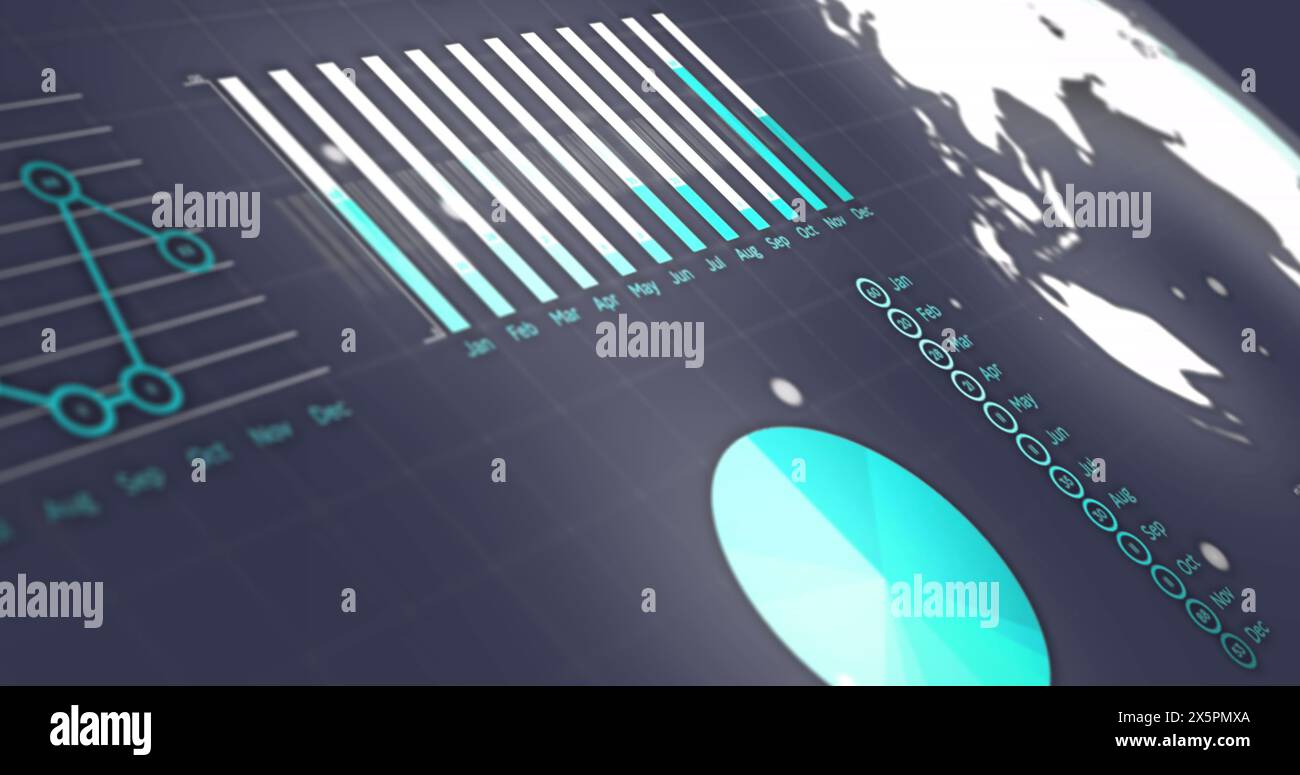 Image of interface with statistical data processing and spinning globe against grey background ...