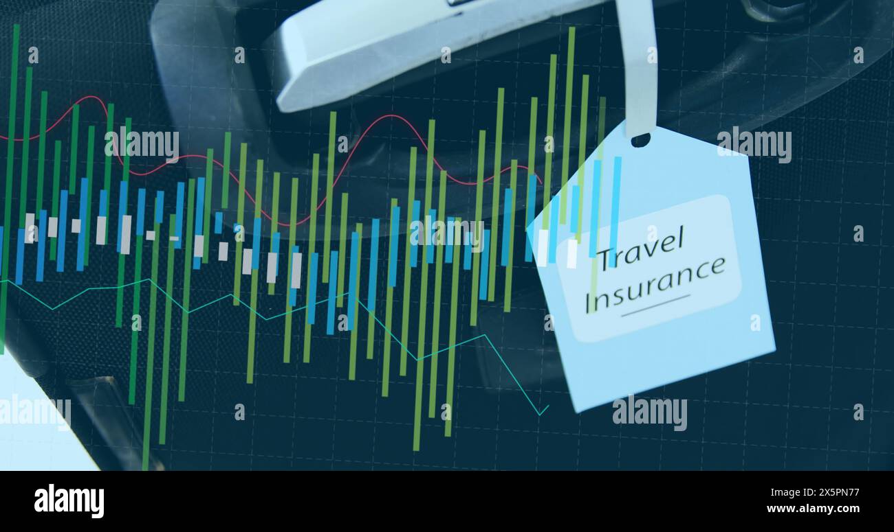 Image of graphs over travel insurance text in tag attached to trolley ...