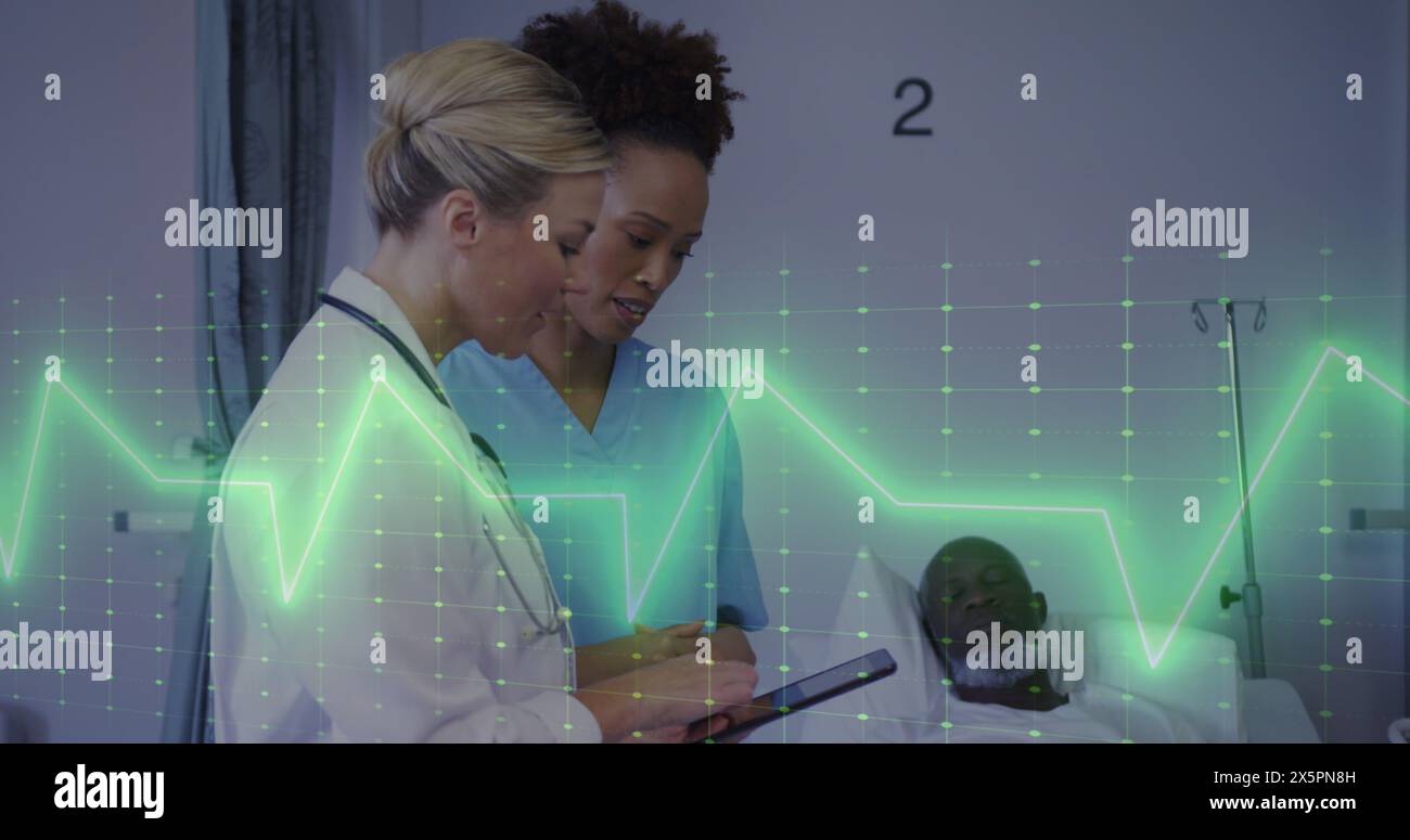 Image of heart rate monitor over diverse female doctor and health ...