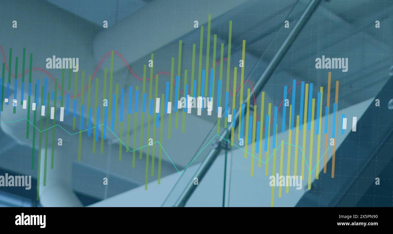 Image of multiple graphs over staircase and ceiling of office Stock ...