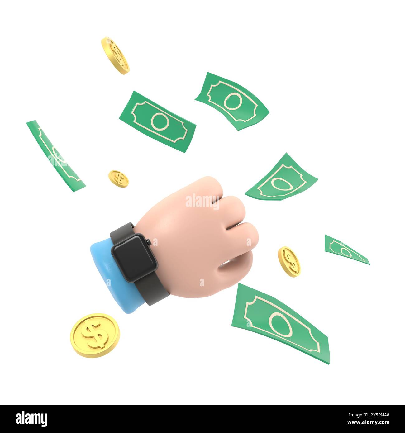 3d cartoon render man arm with hand watch or alarm clock and flying ...