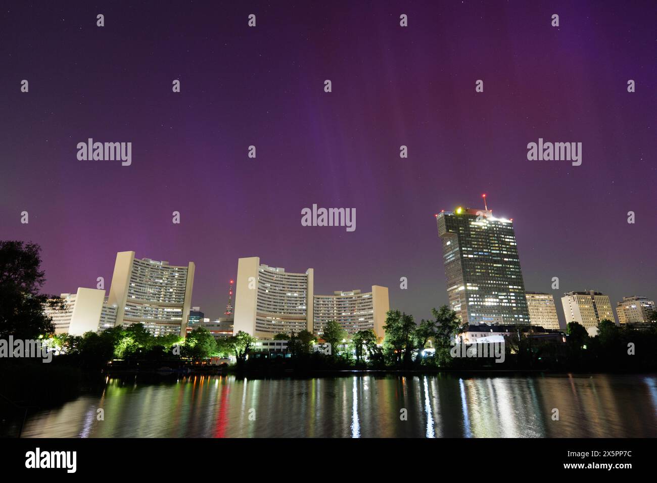 Purple Northern Lights in Vienna Austria at Old Danube with Modern ...