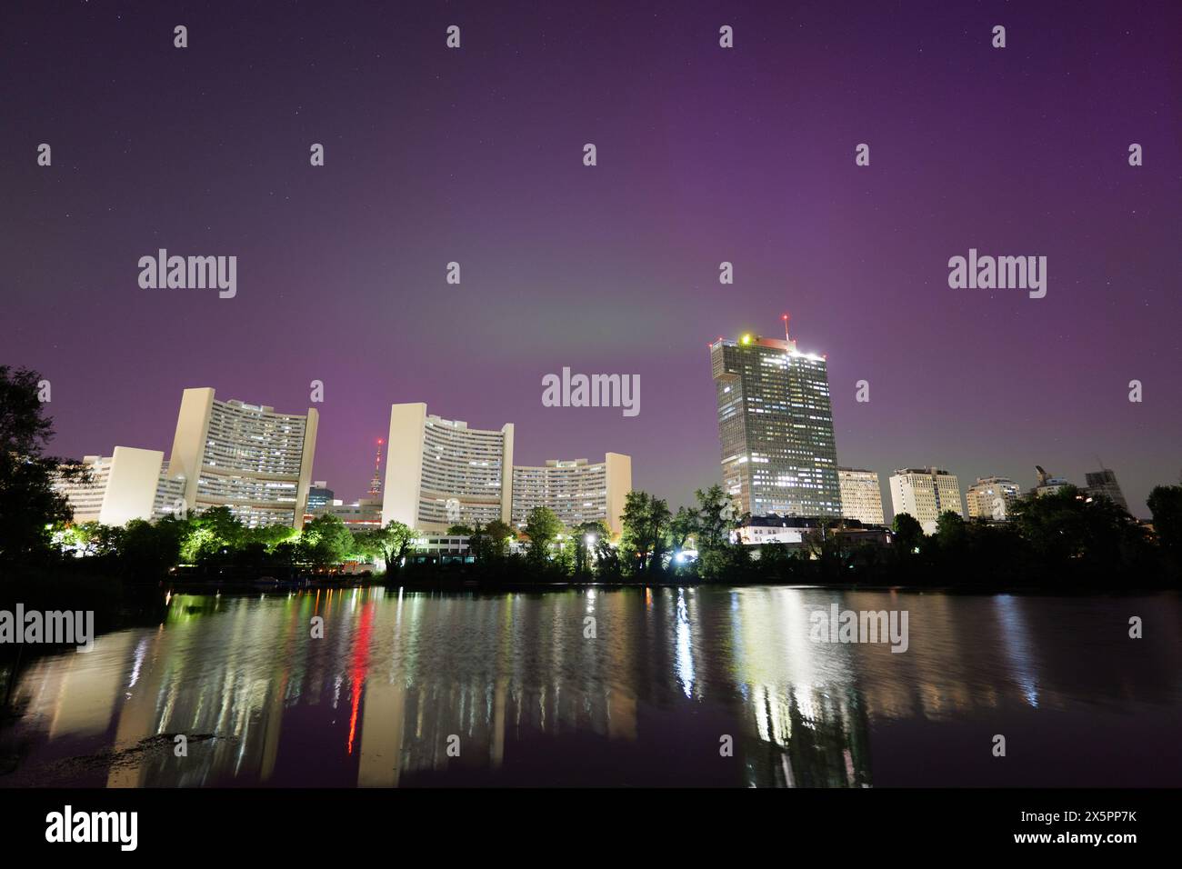 Purple Northern Lights in Vienna Austria at Old Danube with Modern ...