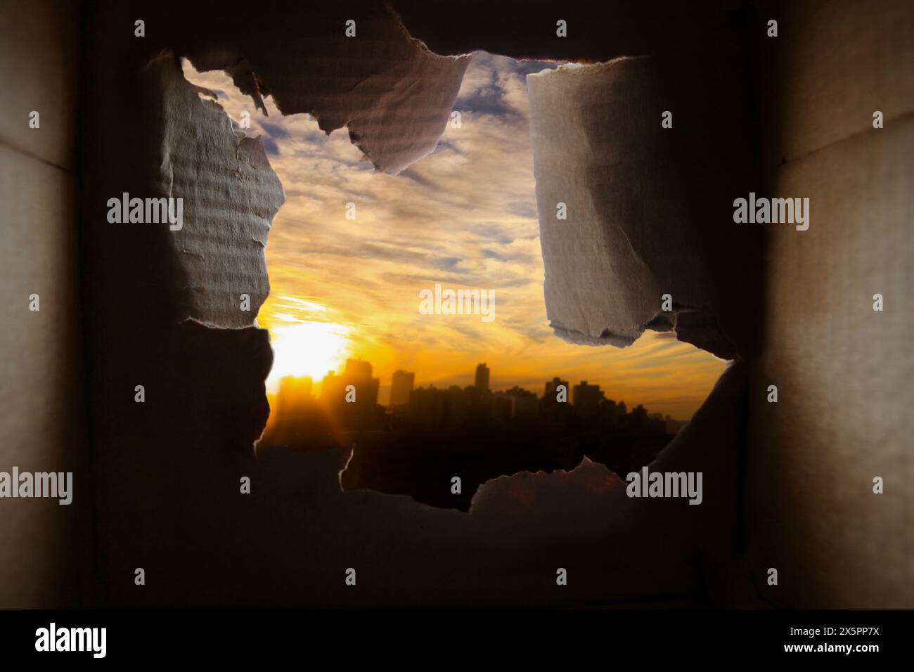 Think outside the box concept. Ripped box with a view ro sunset ...