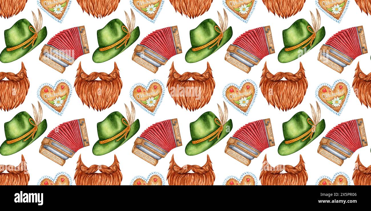 Oktoberfest pattern of watercolor illustrations with hat, beard ...