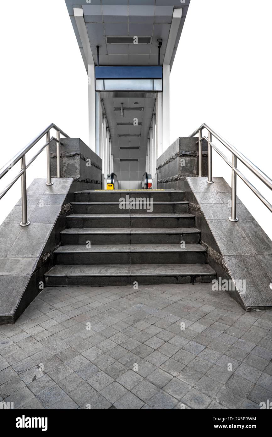 Entrance stair with rails to bus stop isolated over white background ...