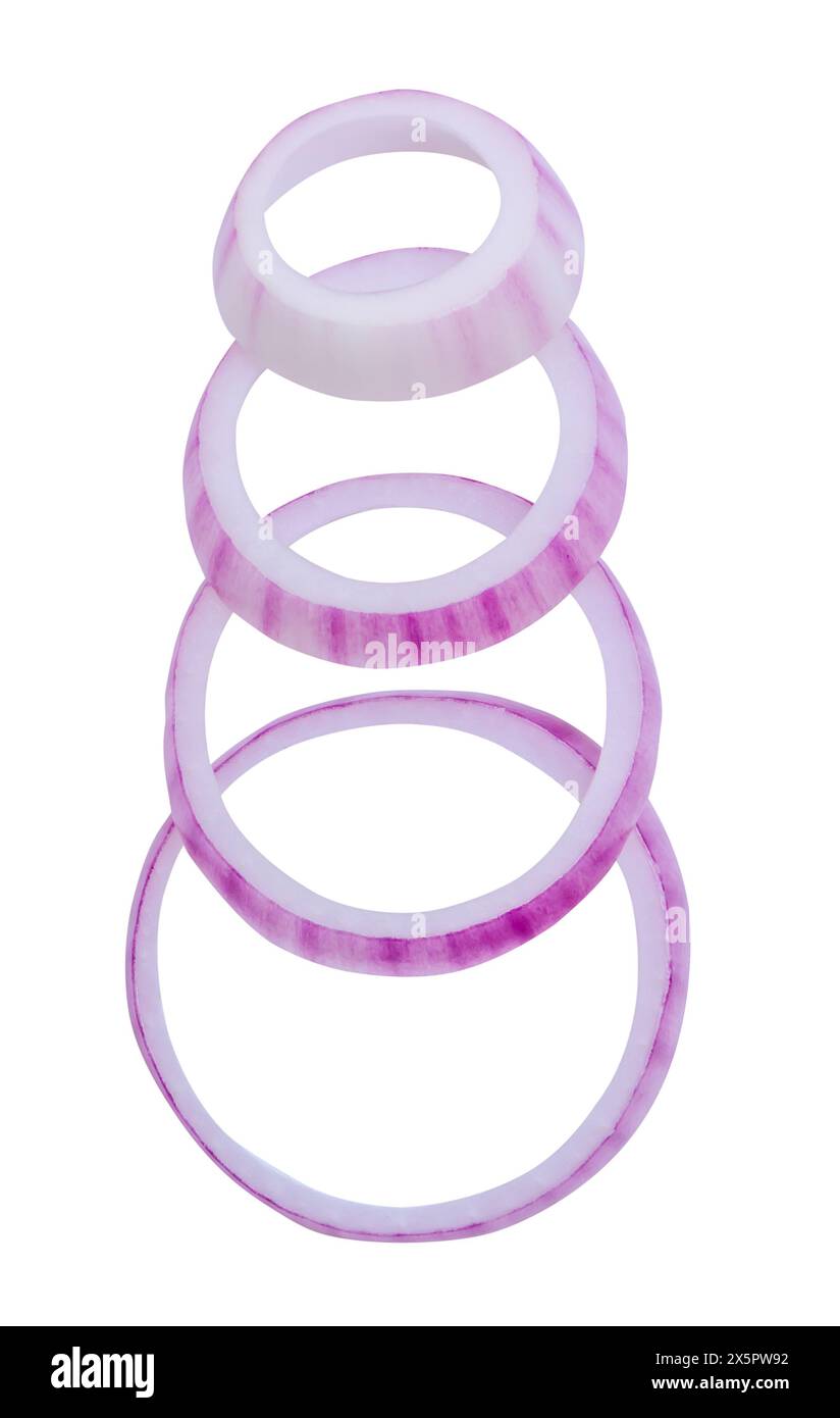 Top view of red or magenta onion slices in ring shape and stack is ...