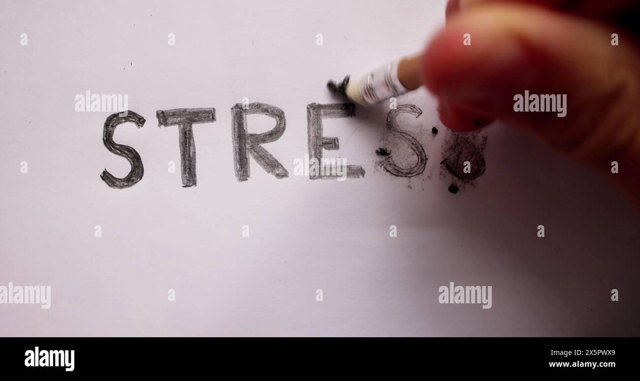 Eliminate Stress By Erasing Word From paper Stock Photo - Alamy