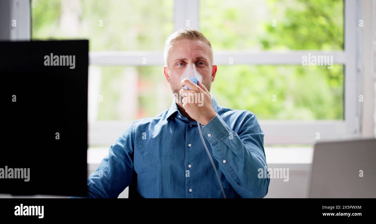 Asthma Patient Breathing Using Oxygen Mask And COPD Nebulizer Stock ...