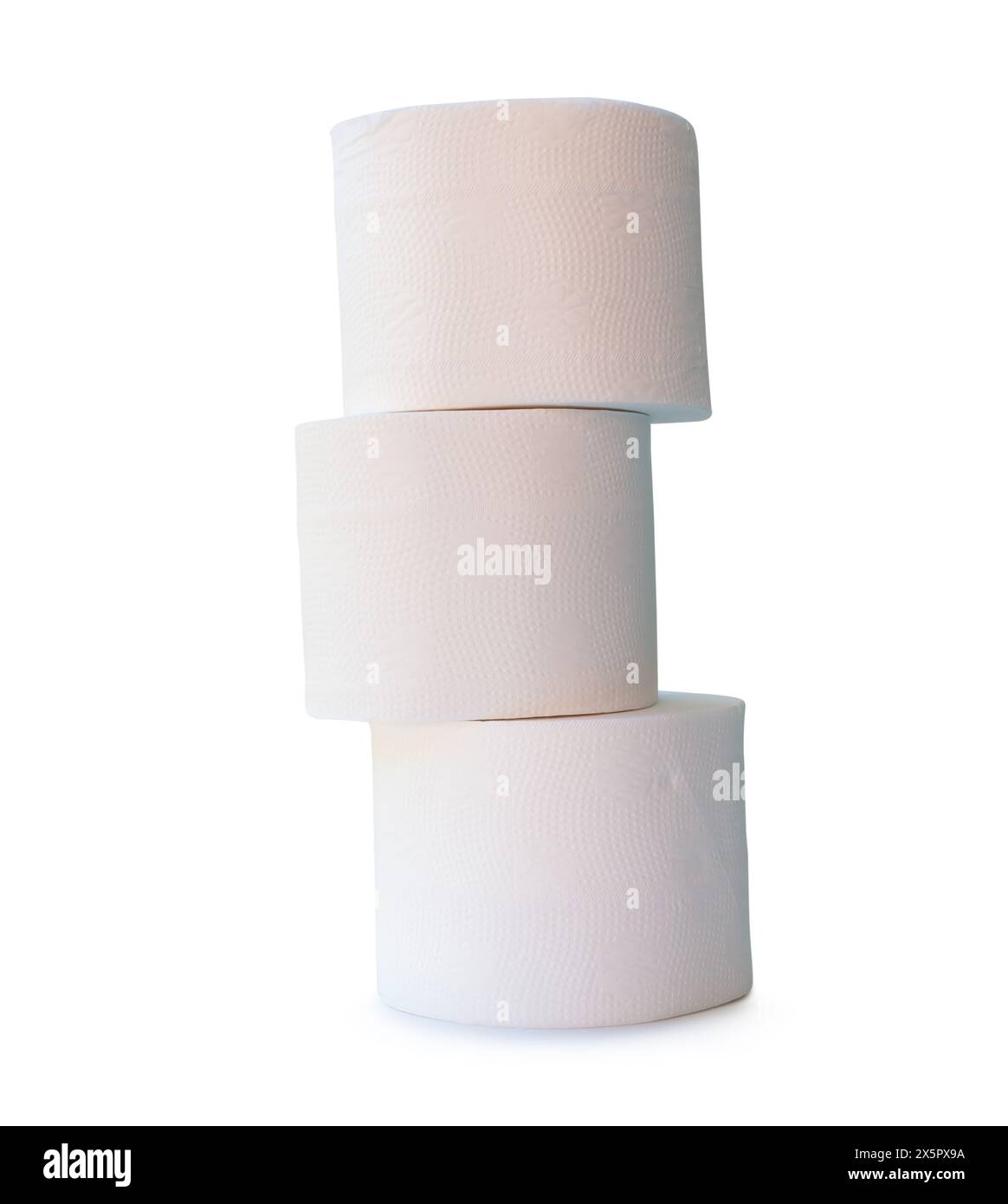 Side view of tissue paper rolls in stack is isolated on white ...