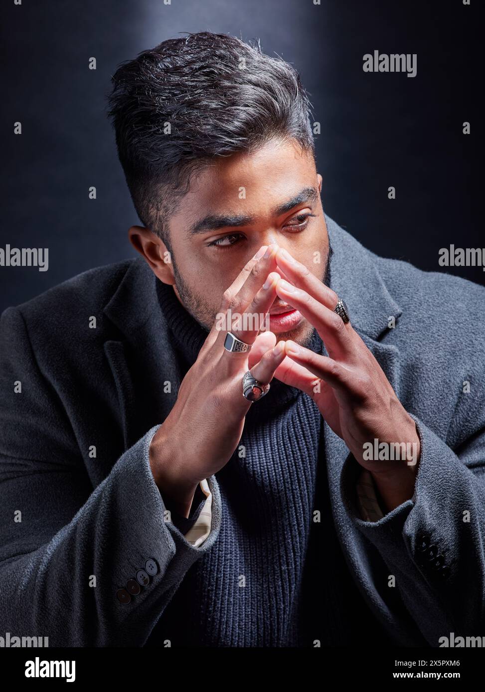 Gangster, thinking and man in mafia with dark ideas on studio ...