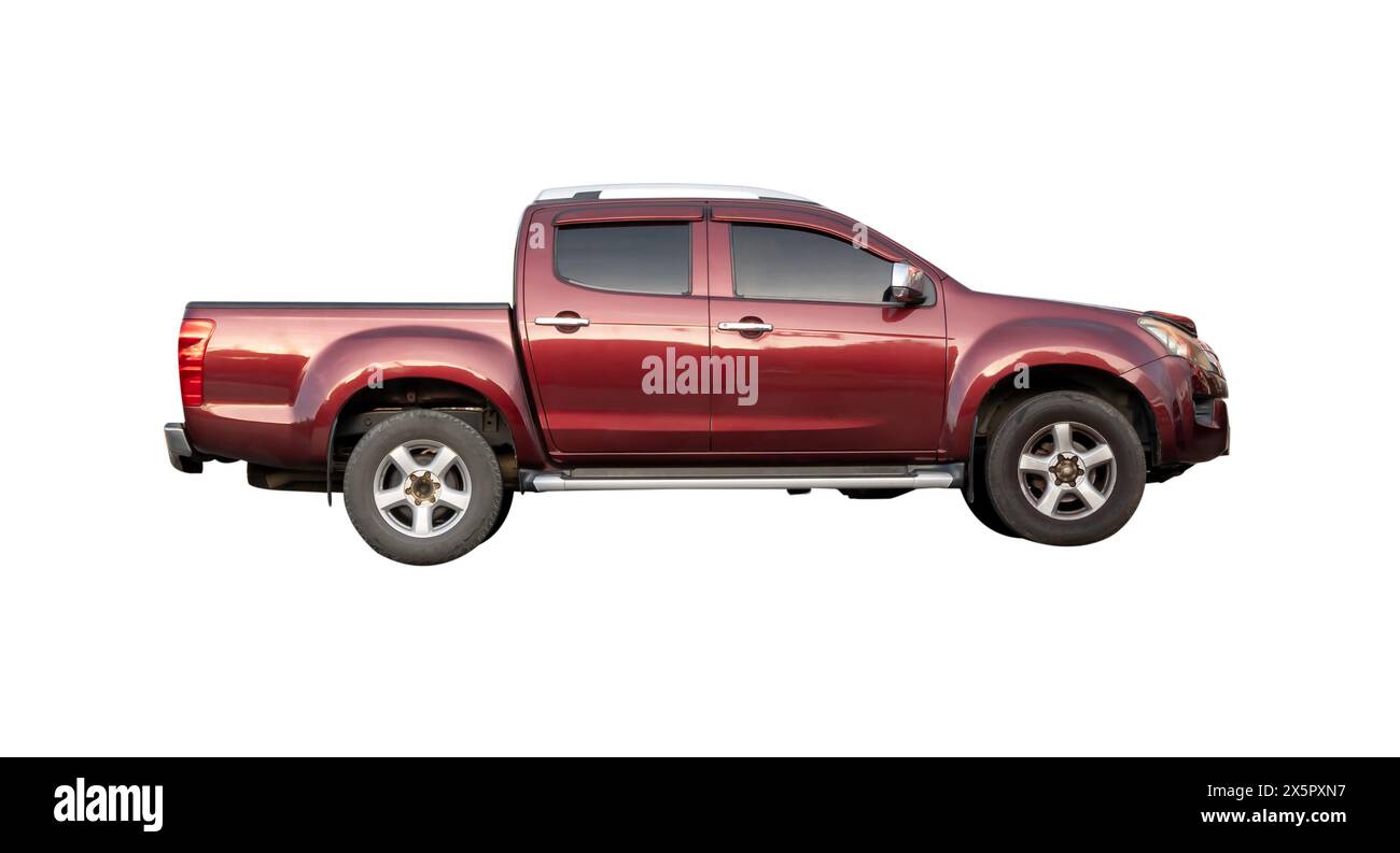 Side view of red pickup truck is isolated on white background with ...