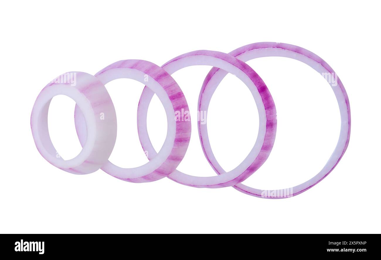 Top view of red or magenta onion slices in ring shape and stack is ...