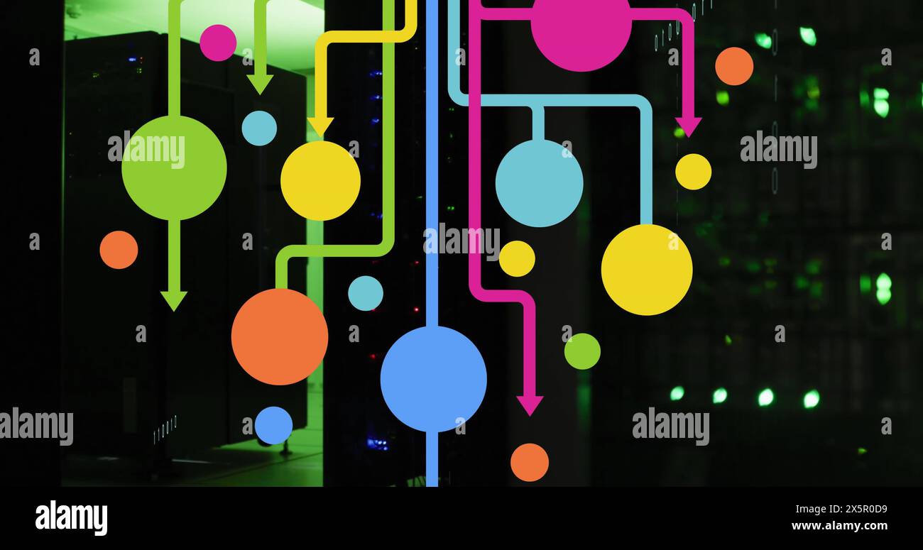 Colorful geometric shapes are floating in front of server rack with ...