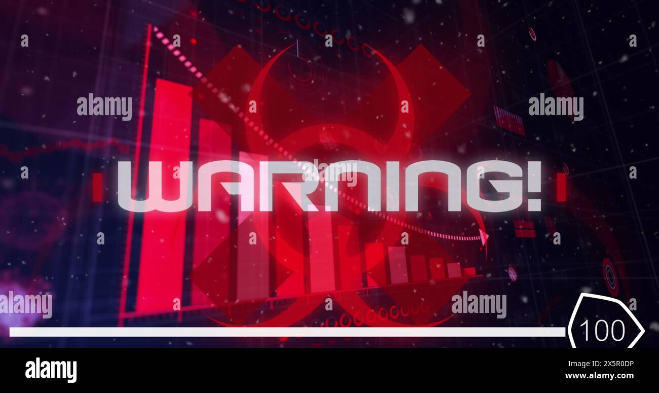 Red WARNING! text stands out on digital background with biohazard icons ...
