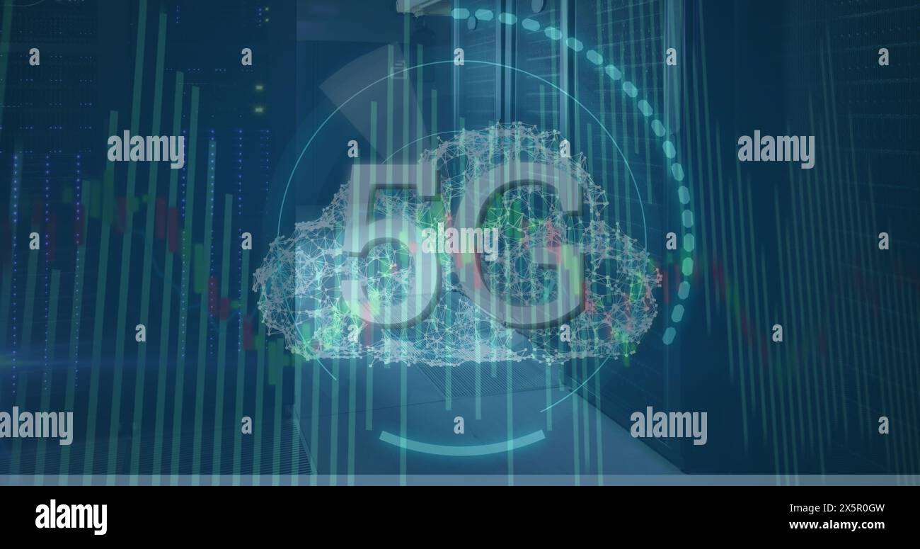 Image of 5g text in circles and connected dots forming cloud over lines ... Image of 5g text in circles and connected dots forming cloud over lines ...