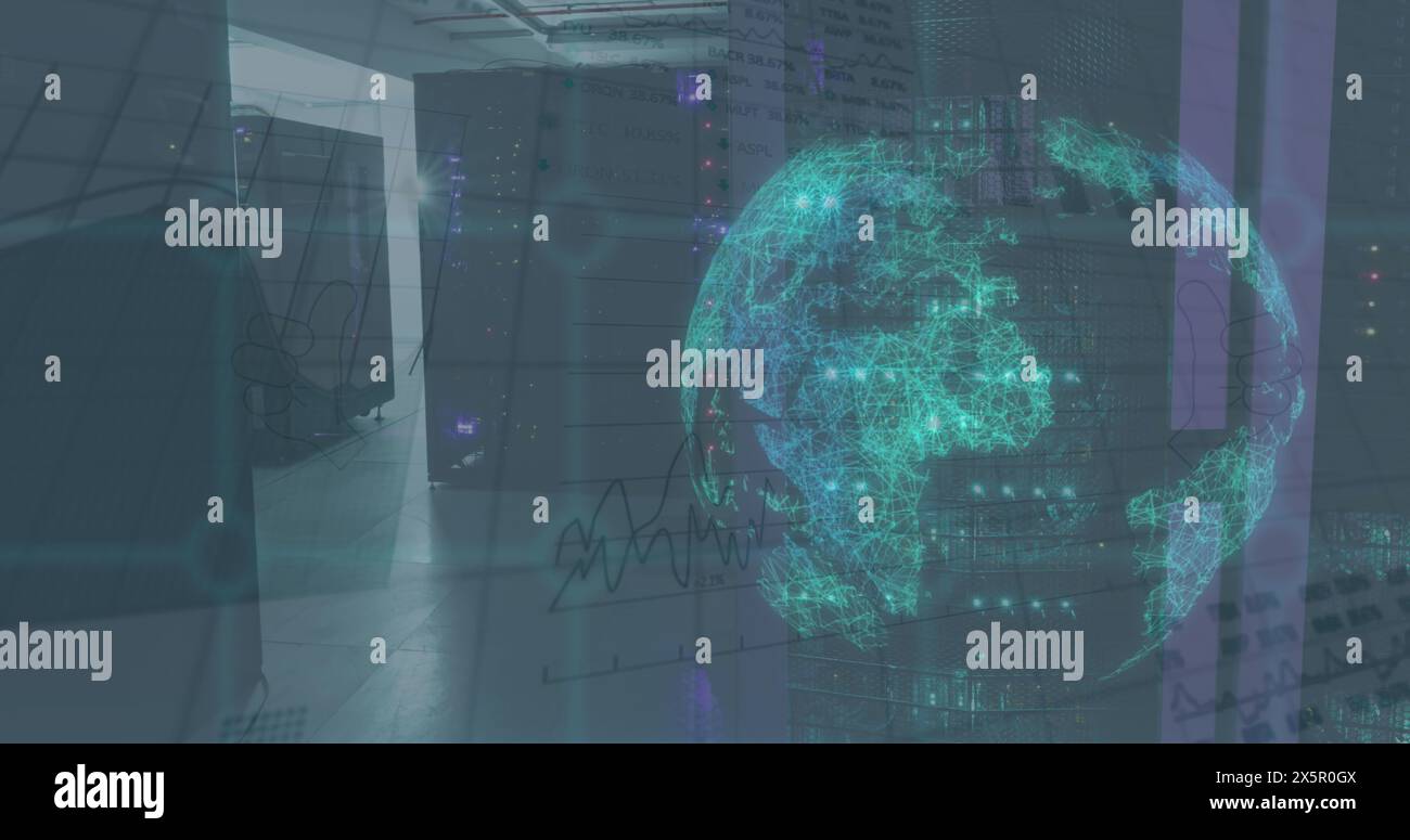 Image of statistical and stock market data processing over spinning globe against server room ...