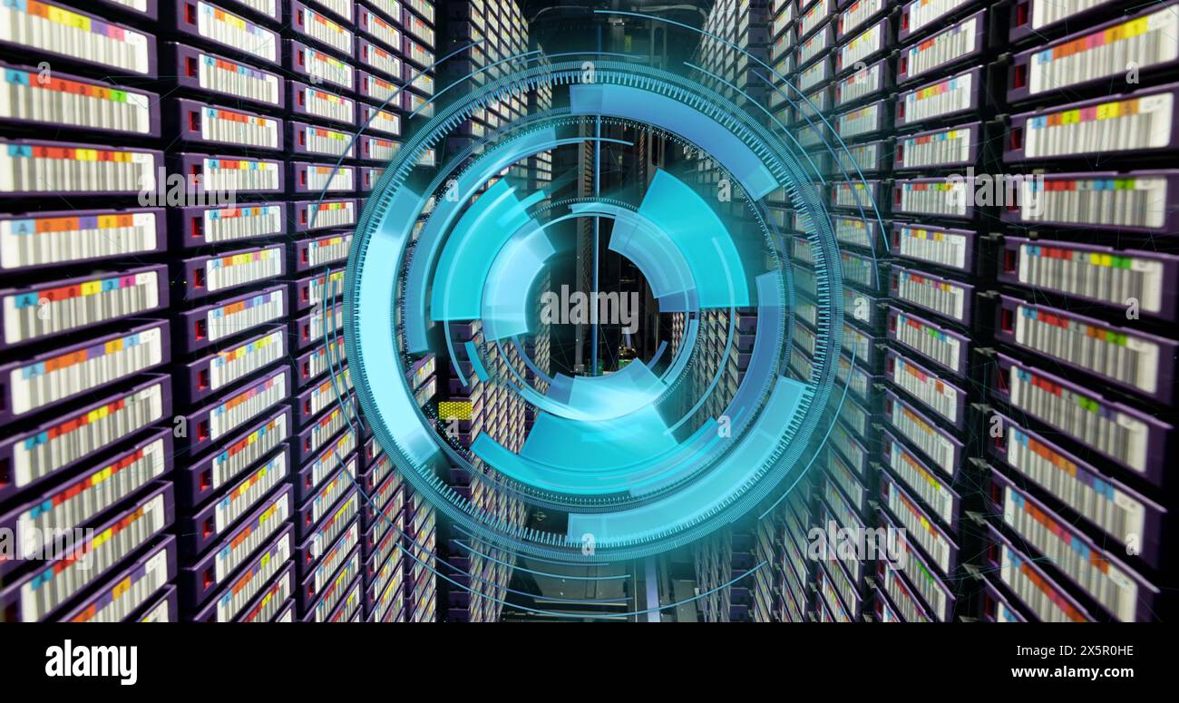 Image of neon blue round scanner spinning against computer server room ...