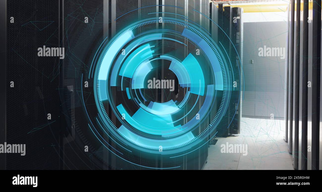 Image of neon blue round scanner spinning against computer server room ...