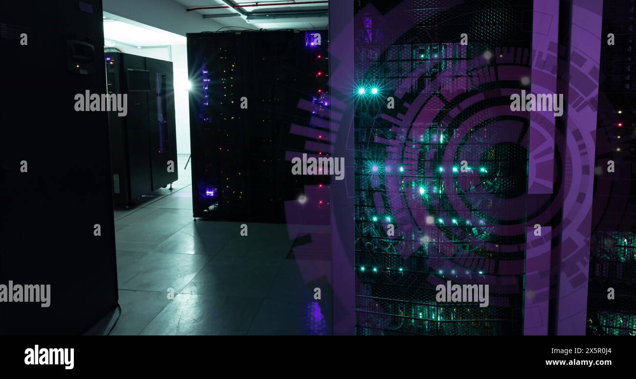 Image of purple round scanner spinning against computer server room ...