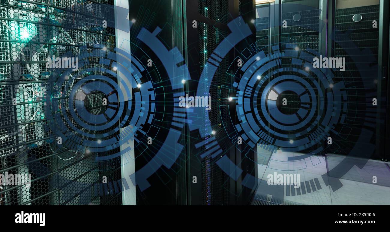 Image of two blue round scanners spinning against computer server room ...