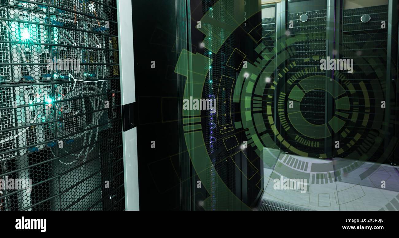 Image of green round scanner spinning against computer server room ...
