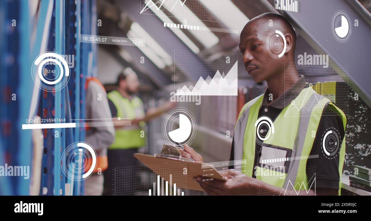 Image of graphs and loading bars over african american man with ...