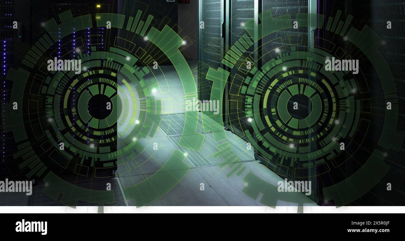 Image of two green round scanners spinning against computer server room ...