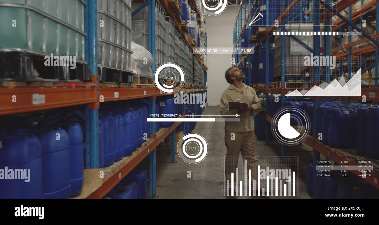 Image of loading bars and graphs over biracial man with checklist ...