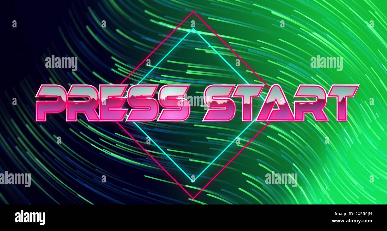 Image of press start text, rhombuses and lines moving in spiral pattern ...