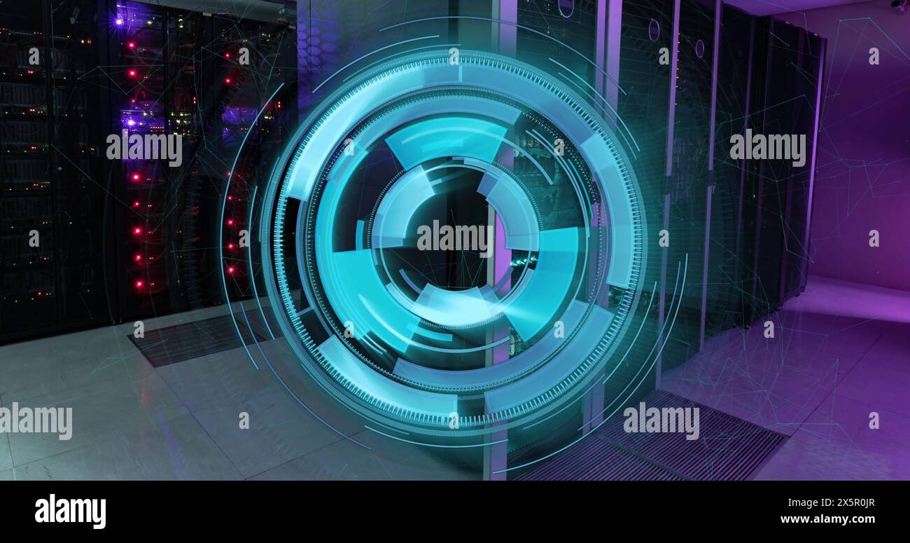 Image of neon blue round scanner spinning against computer server room ...