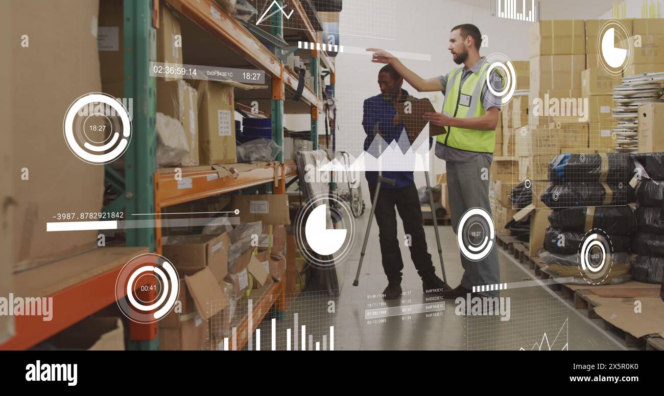 Image of graphs and loading bars over diverse coworkers with checklist ...