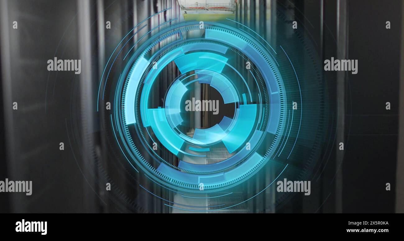 Image of neon blue round scanner spinning against computer server room ...