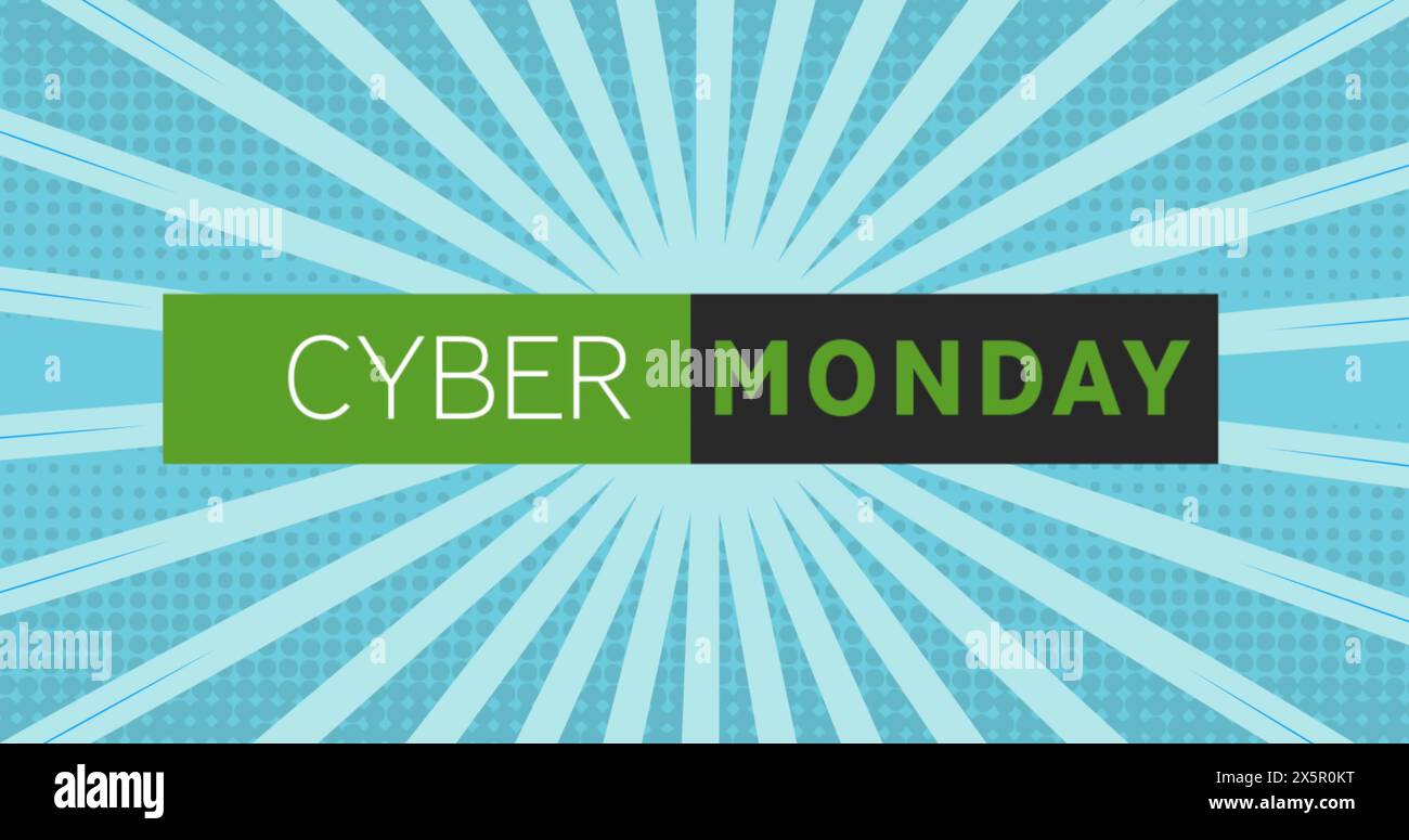 Image of cyber monday text in rectangle with sunburst against blue ...