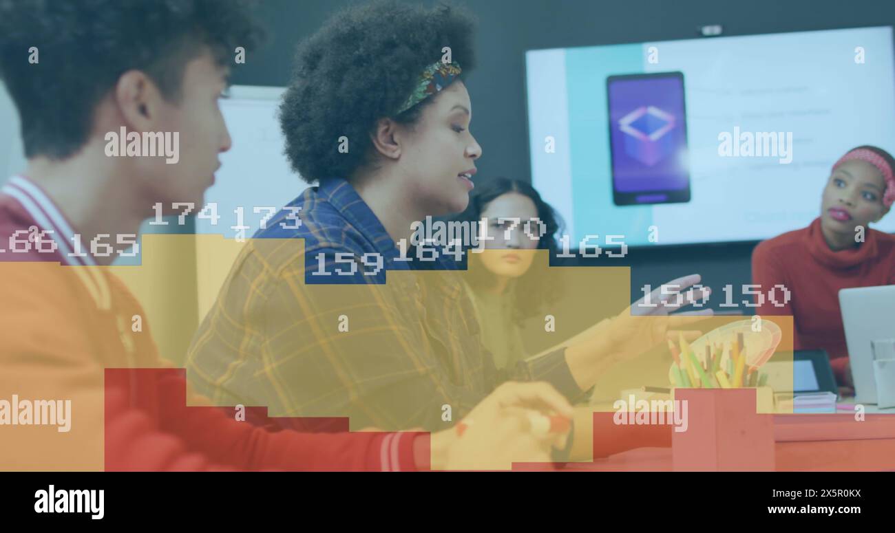 Image Of Statistical Data Processing Against Biracial Woman Discussing