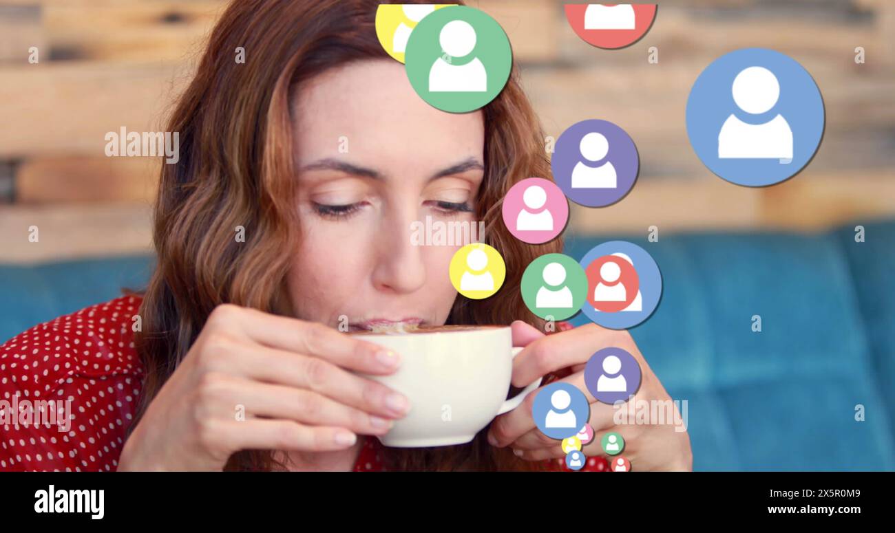 Image of social media icons and numbers over woman drinking coffee ...