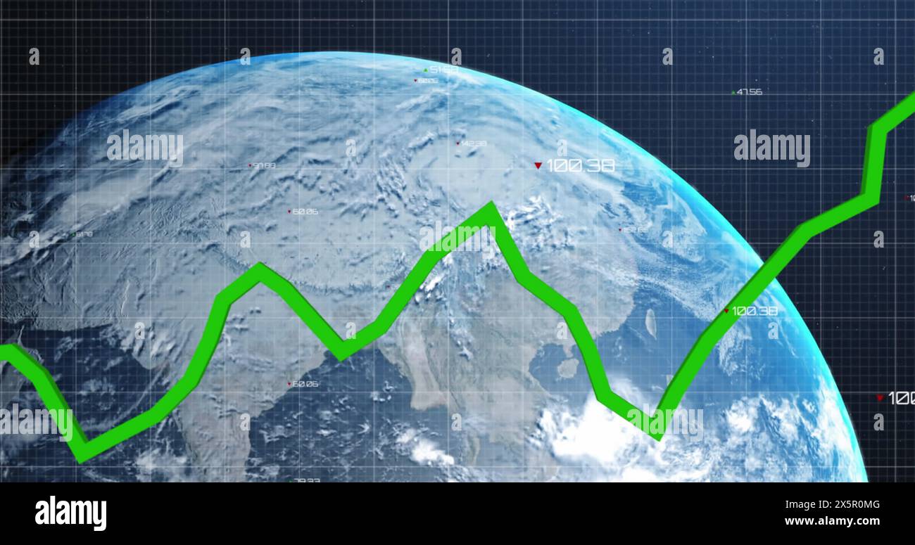 Image of graph with changing numbers and grid pattern over rotating globe Stock Photo - Alamy