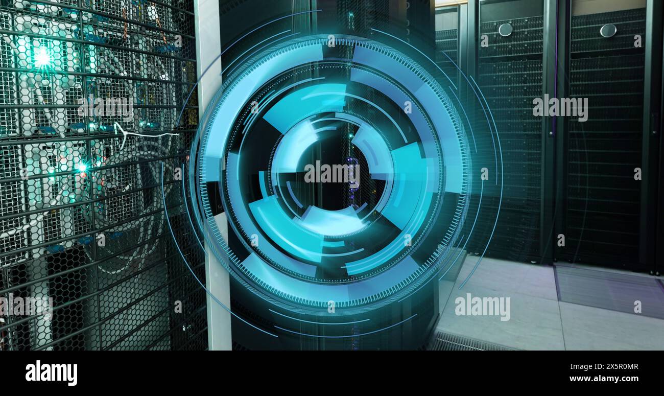 Image of neon blue round scanner spinning against computer server room ...