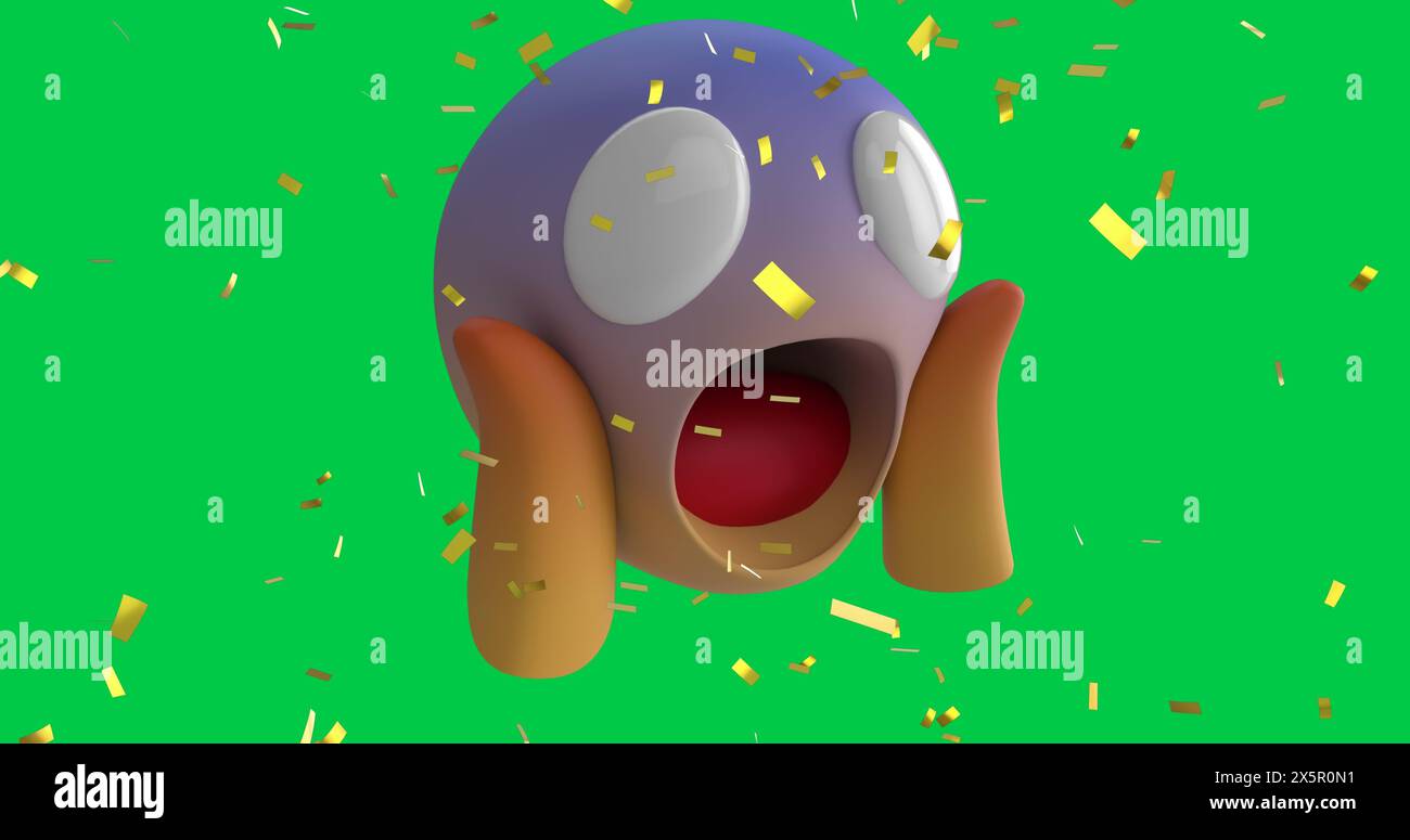 Image of confetti falling over shocked emoji emoticon icon over green ...