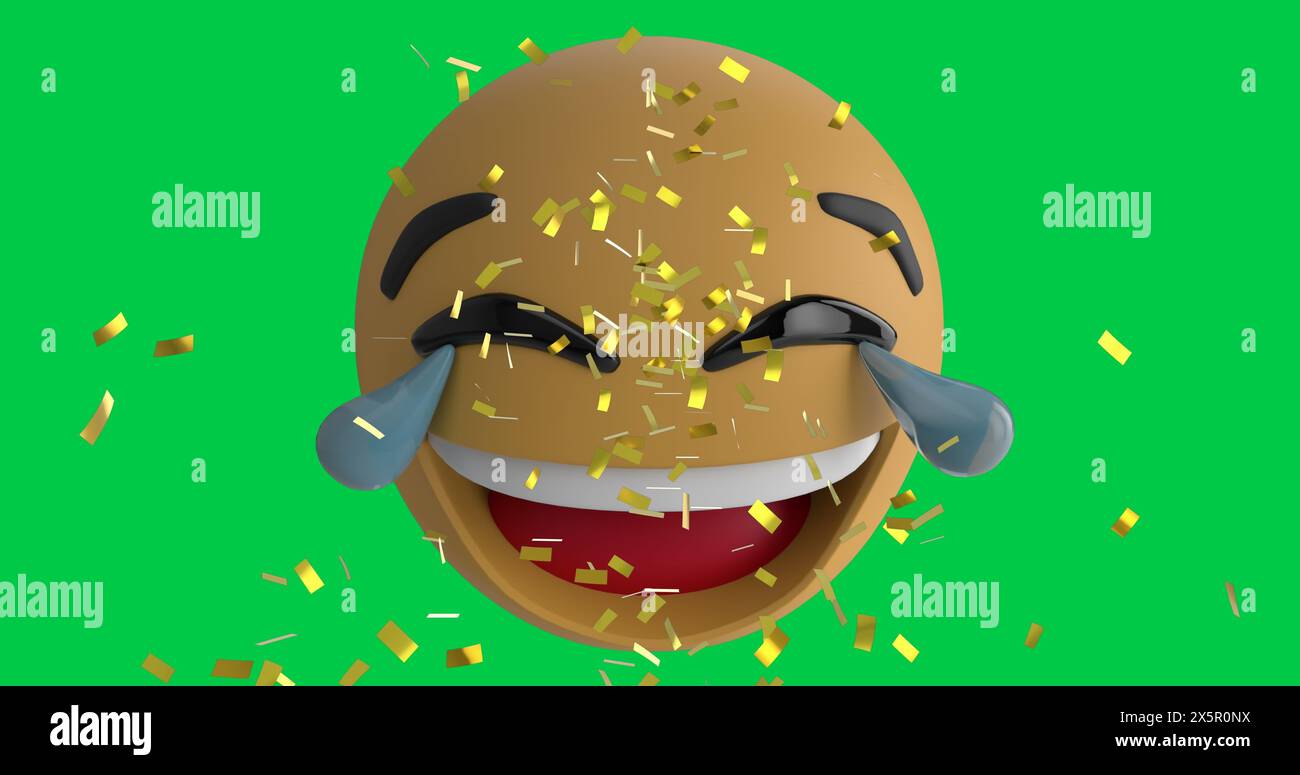 Image of confetti falling over smiling emoji emoticon icon over green ...