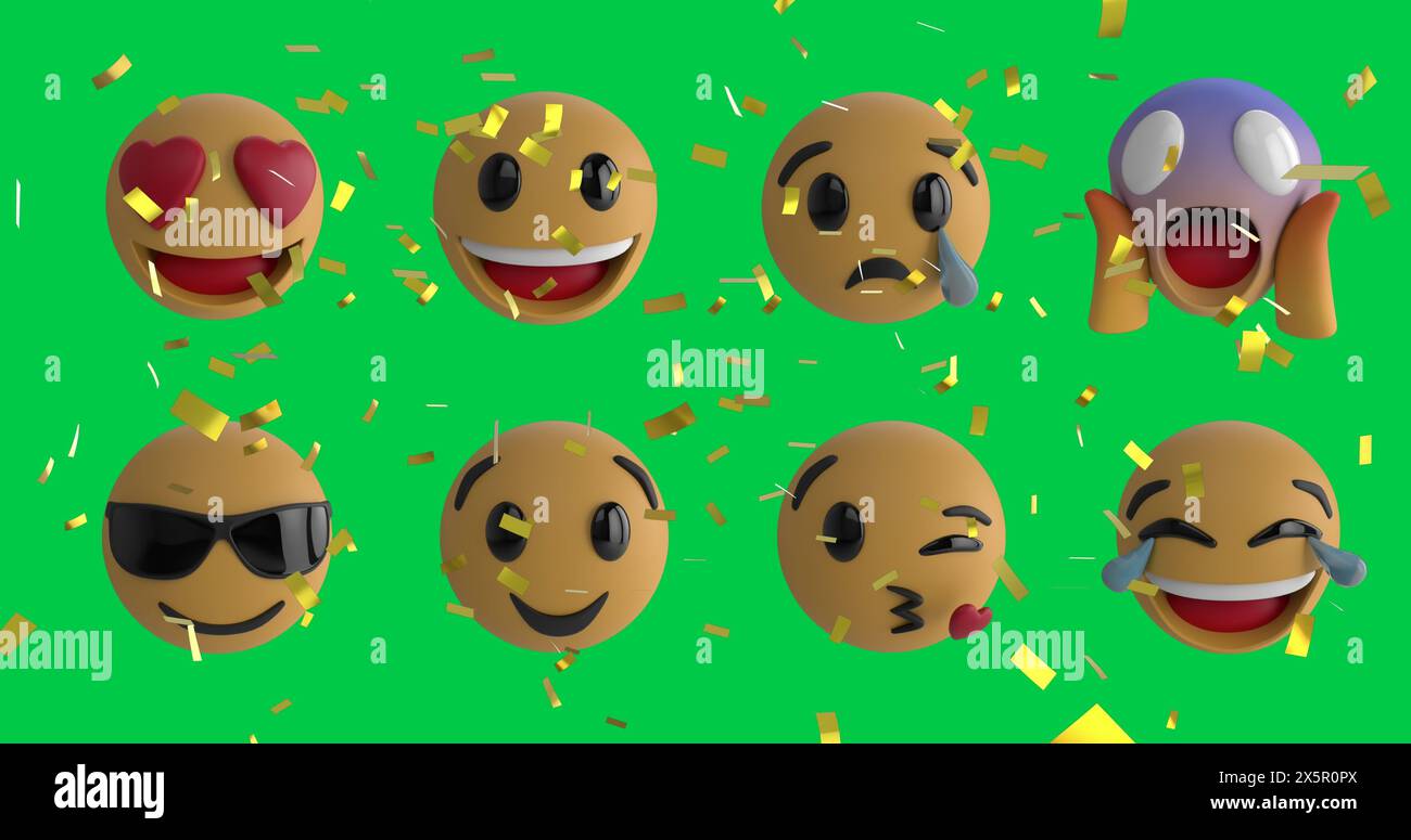 Image of confetti falling over emoji icons on green background Stock ...