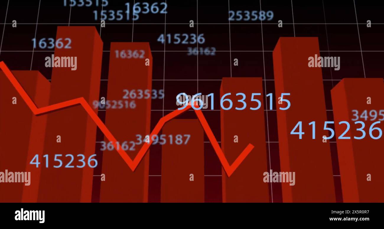 Image of changing numbers with graphs on grid pattern over black ...