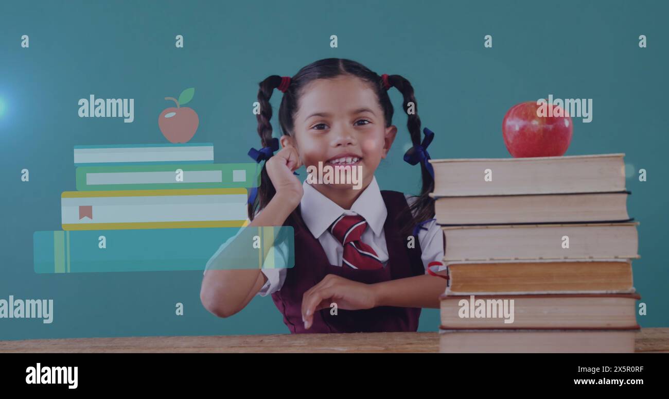 Biracial student wearing school uniform, smiling behind books Stock ...